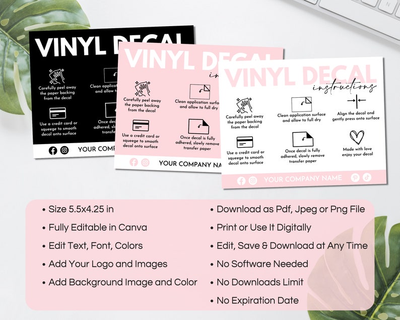 Vinyl Decal Application Instructions Card, Printable Vinyl Care Cards ...