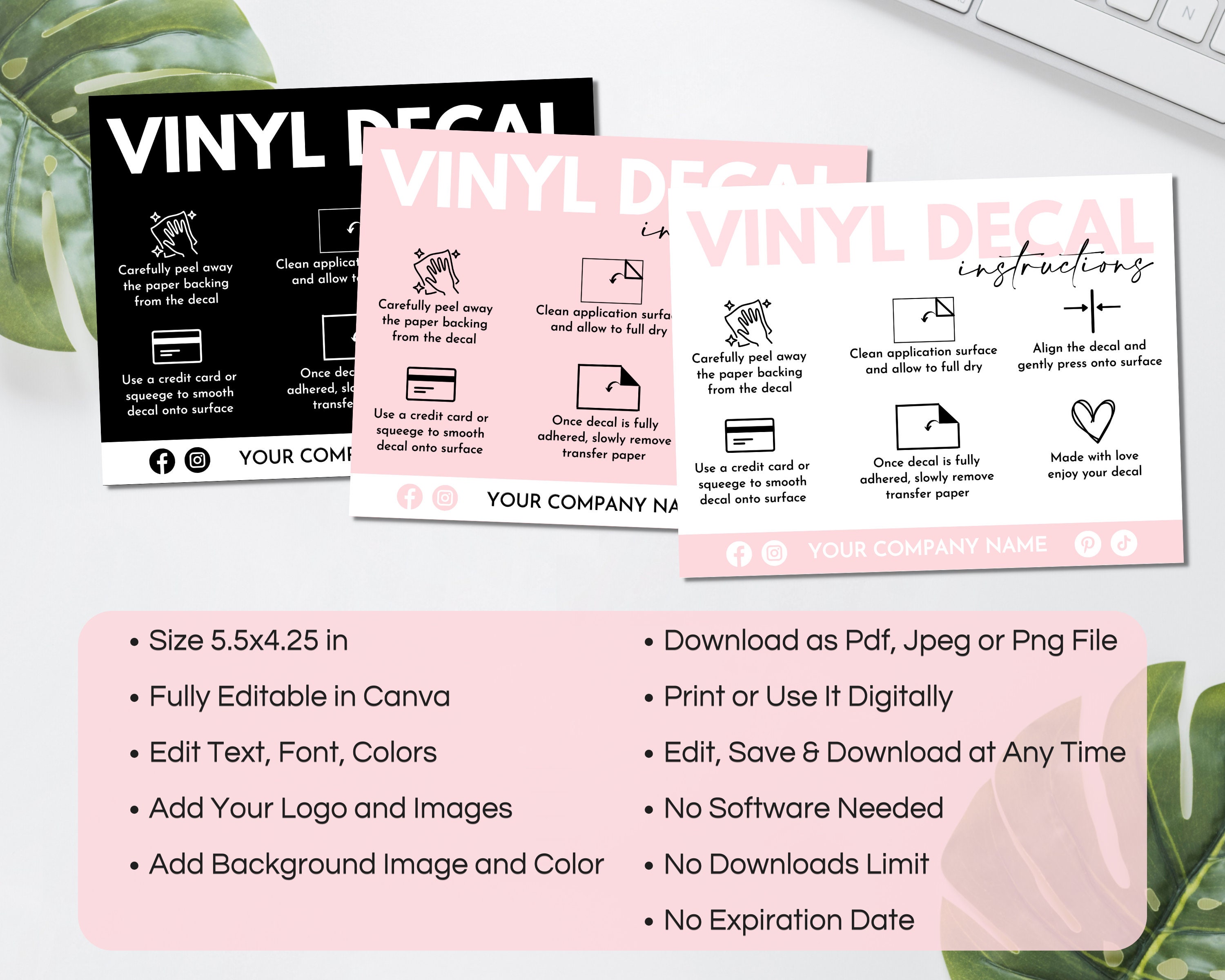 Vinyl Decal Application Instructions Card, Printable Vinyl Care Cards ...