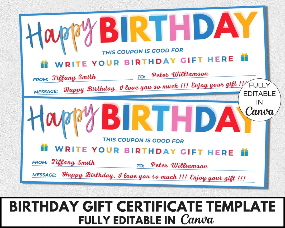 Birthday Gift Certificate Template Editable Birthday Gift - Etsy