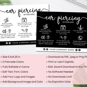 Ear Piercing Aftercare Card Template, Editable Piercing Guide Card ...