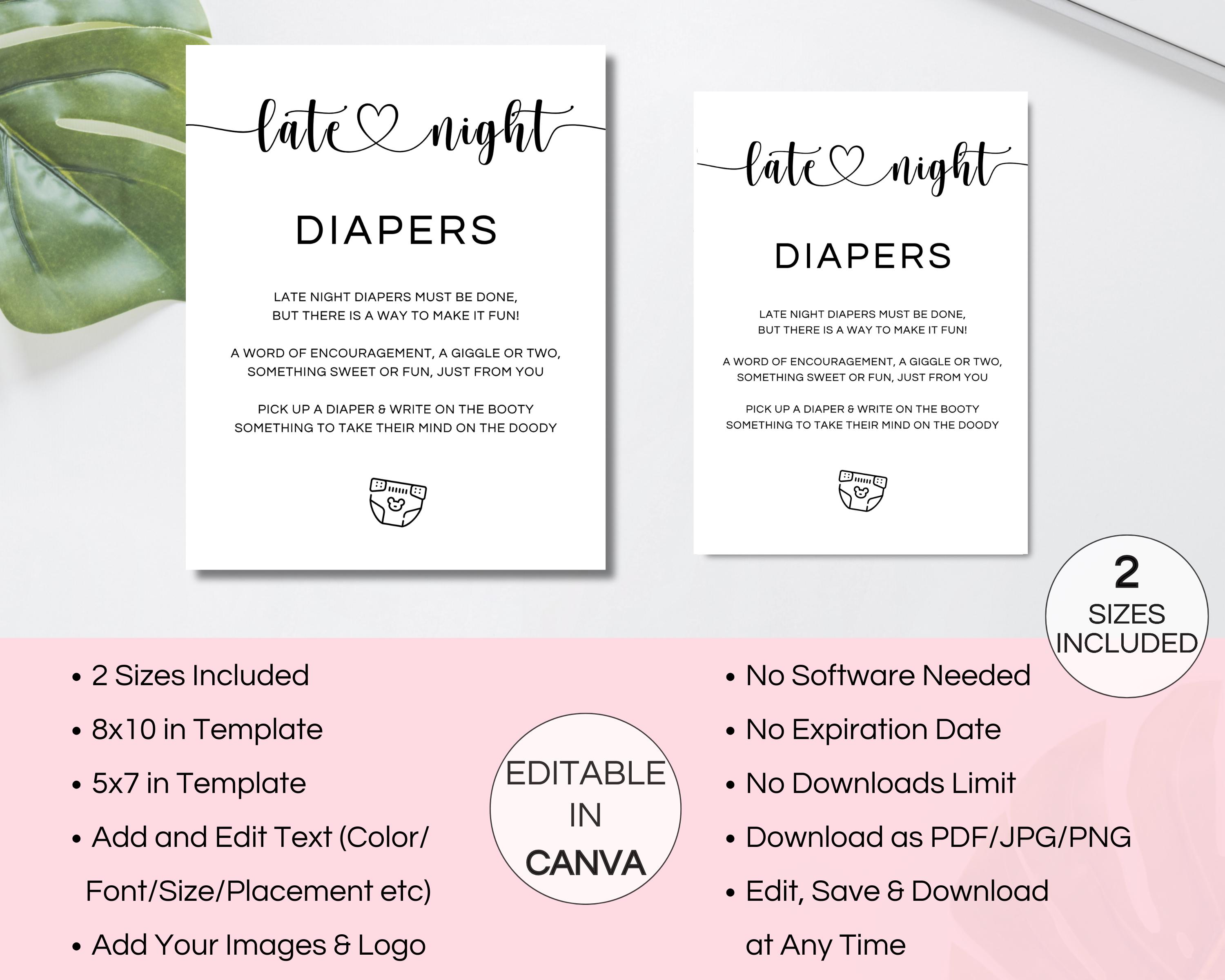 Late Night Diapers Game Sign, Printable Baby Shower Games Activity, 2 ...
