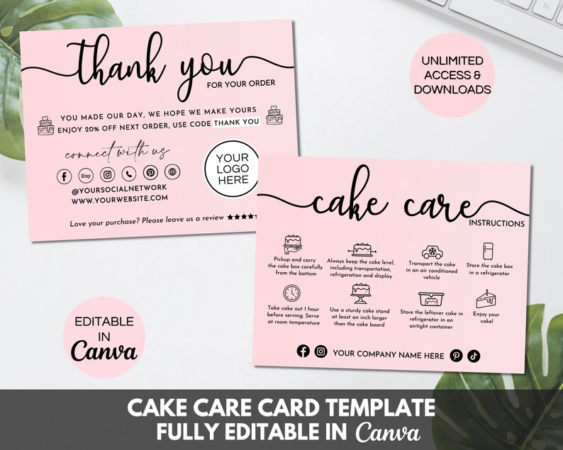 Editable Cake Care Card, Bakery Business Thank You Cards Template, Edit ...