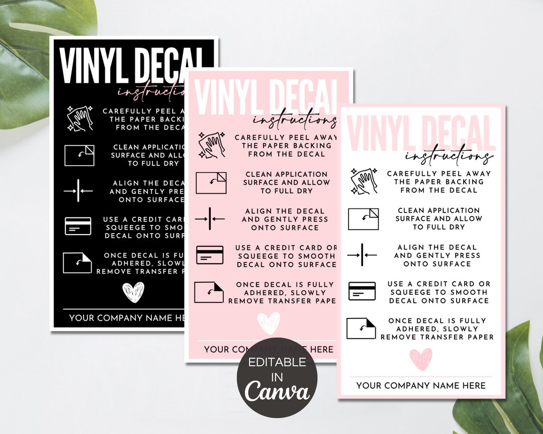 Vinyl Decal Application Card Template, Editable How to Apply Decal Care Card, Printable Decal ...