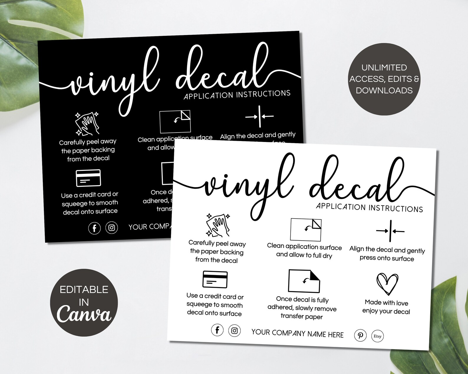 Vinyl Decal Application Instructions Card, Printable Vinyl Care Cards ...