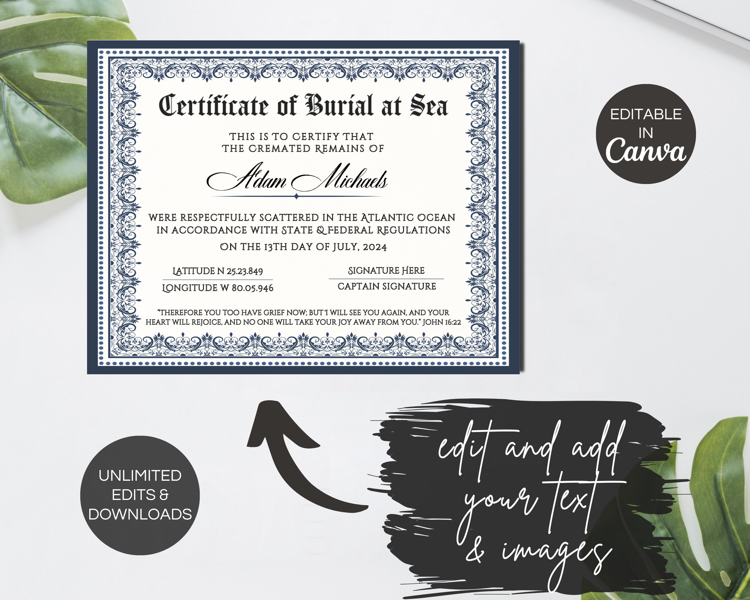 Certificate of Burial at Sea Template, Editable Burial at Sea ...