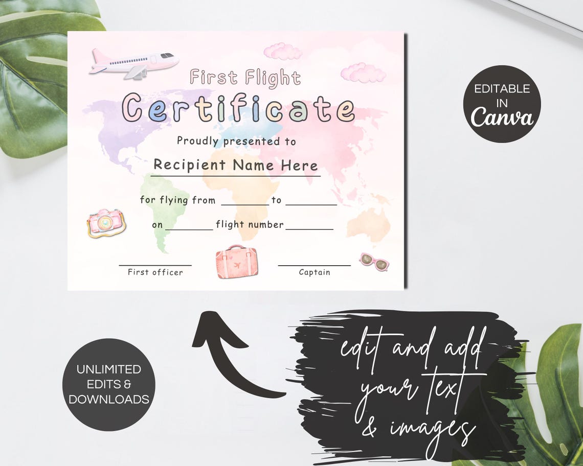 First Flight Certificate for Kids, Printable Toddler's Firstflight ...