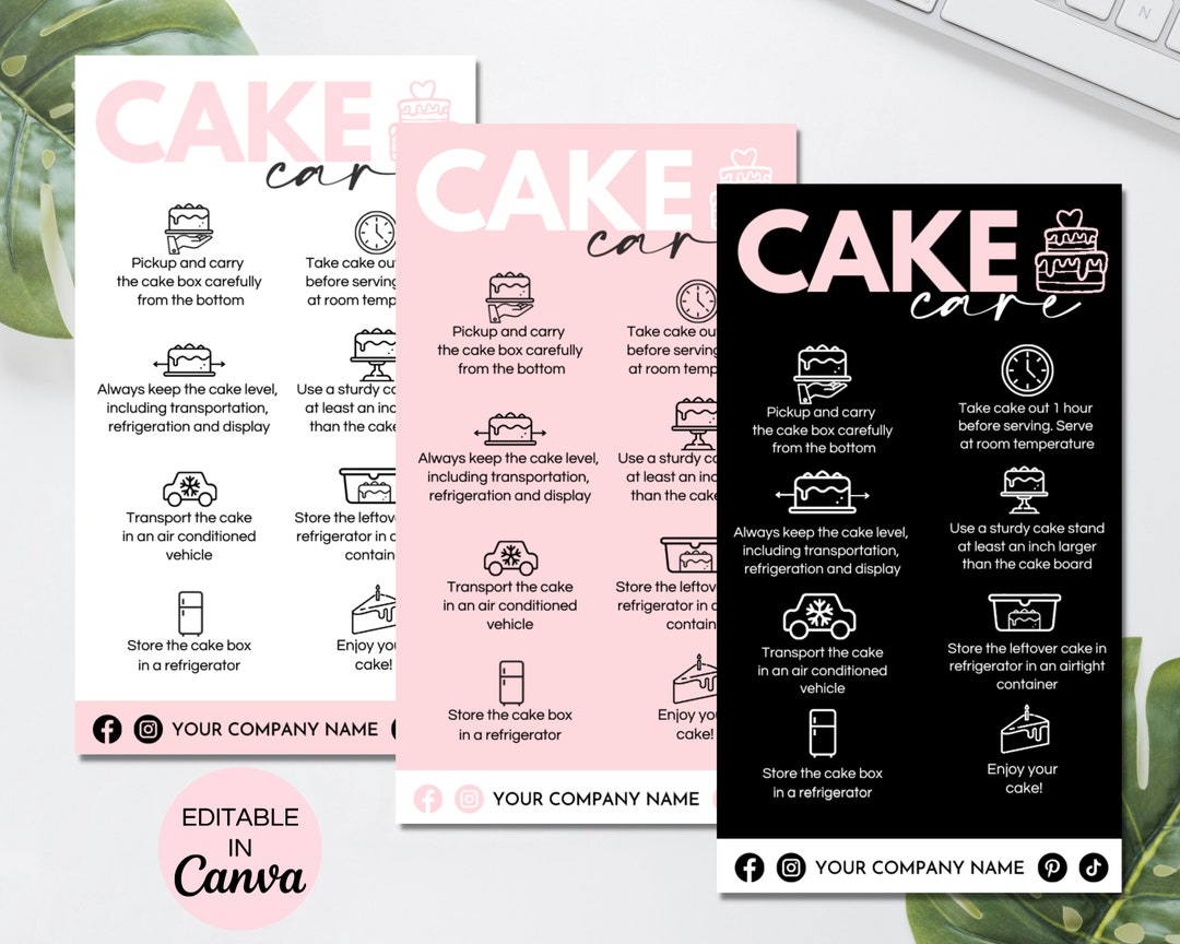 Cake Care Card Template, Printable Cake Care Guide, Editable Cake ...
