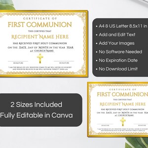 First Communion Certificate Template, Editable First Holy Communion ...