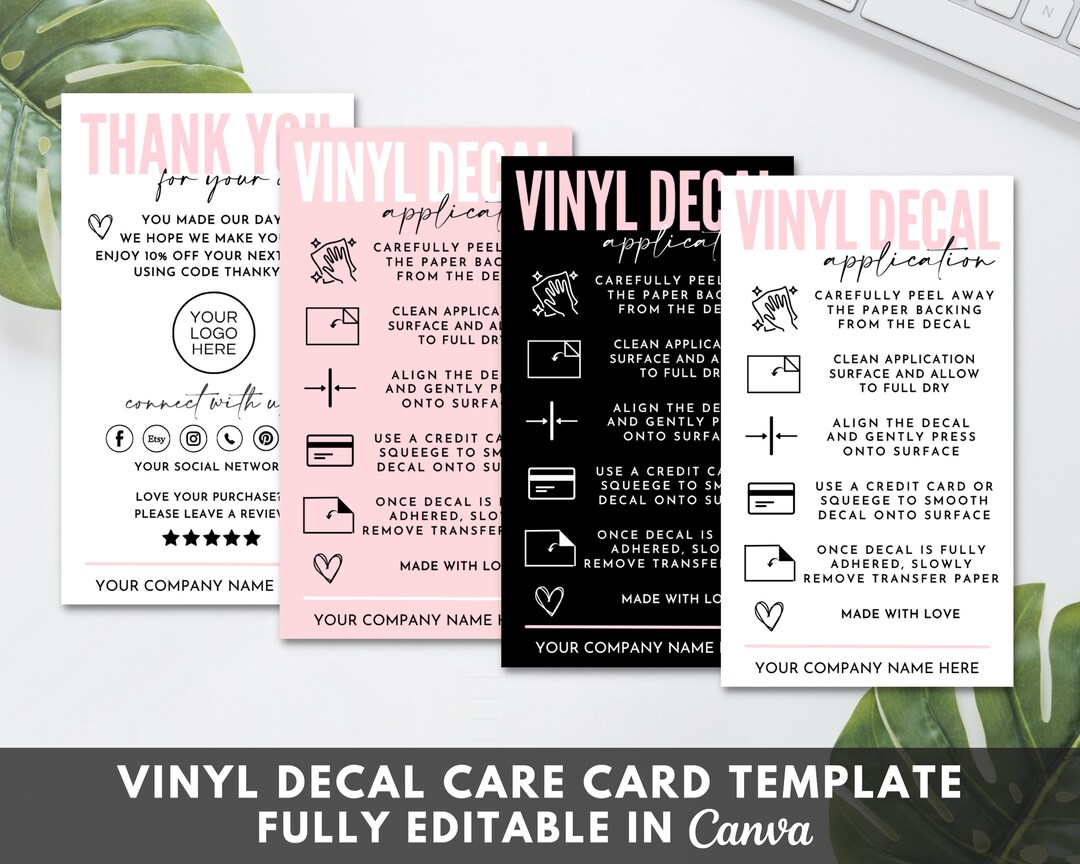 Vinyl Decal Application Card Template, Editable Vinyl Care Card, Printable Decal Instructions ...