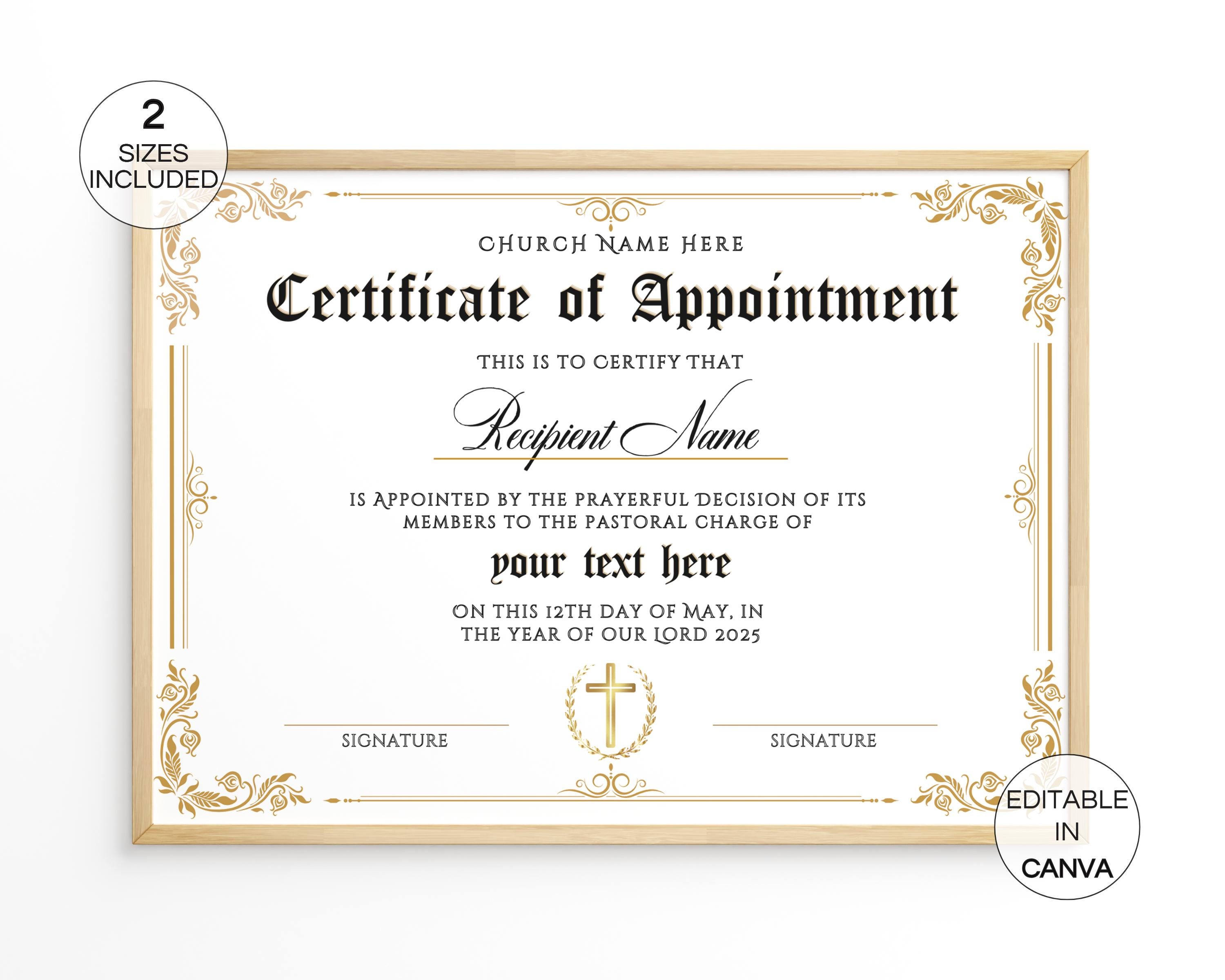 Editable Appointment Certificate, Printable Bishop Pastor Appointed ...