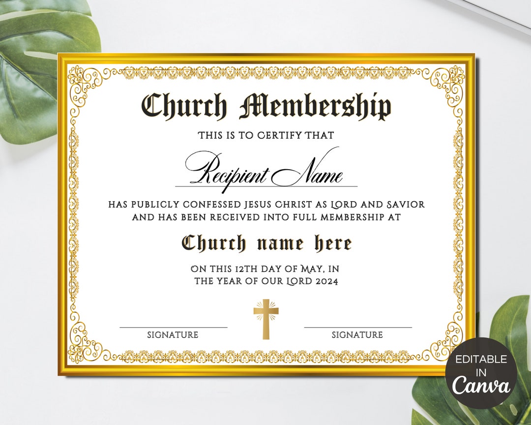 Church Membership Certificate Template, Editable Certificate of ...