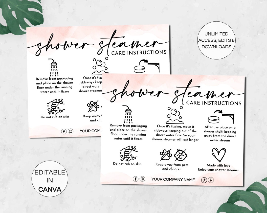 Shower Steamer Care Card Template, Editable Shower Fizzer Care ...