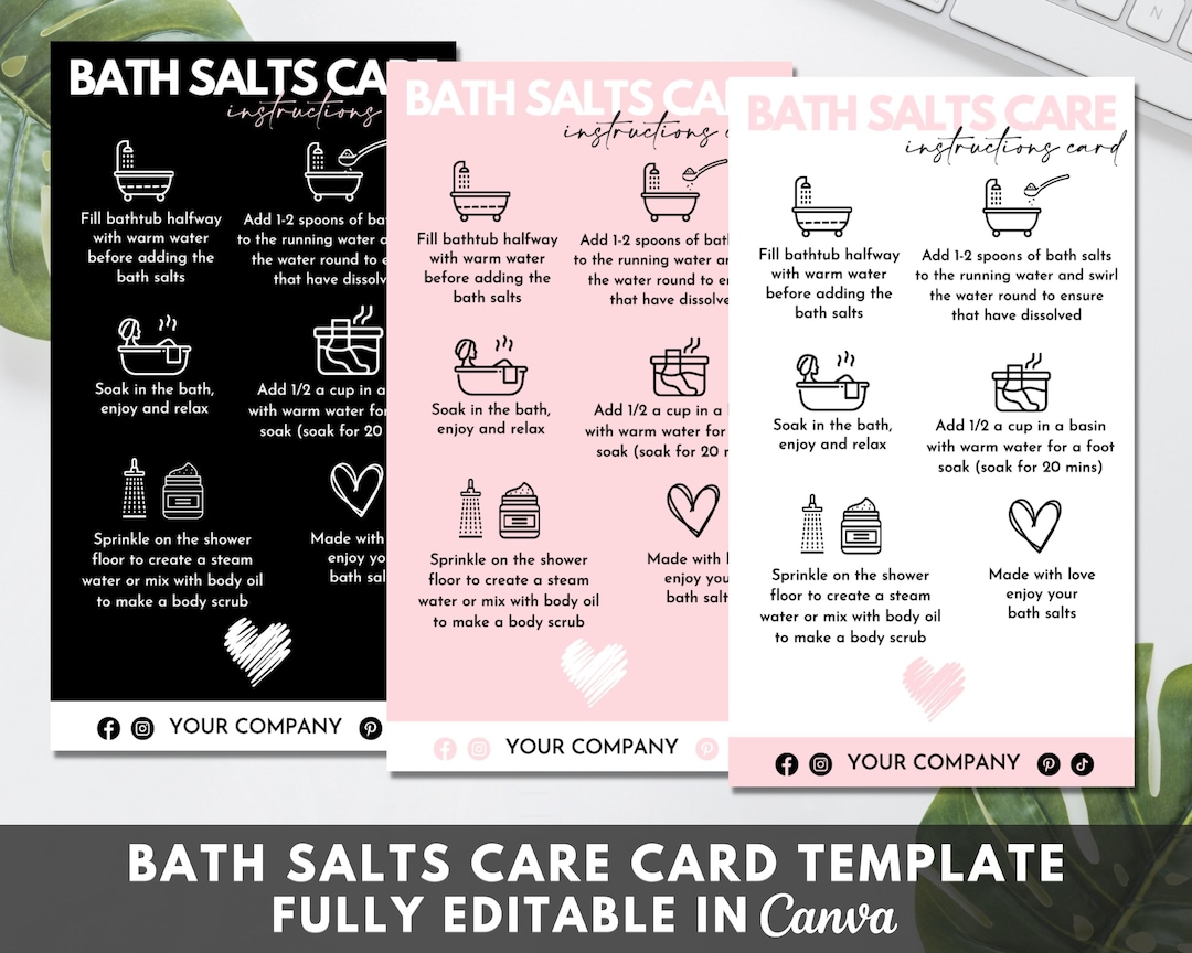 Bath Salts Care Card Template, Editable Bath Soak Care Instructions ...