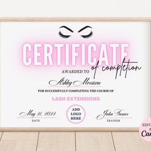 Lash Certificate of Completion Template Editable Makeup - Etsy