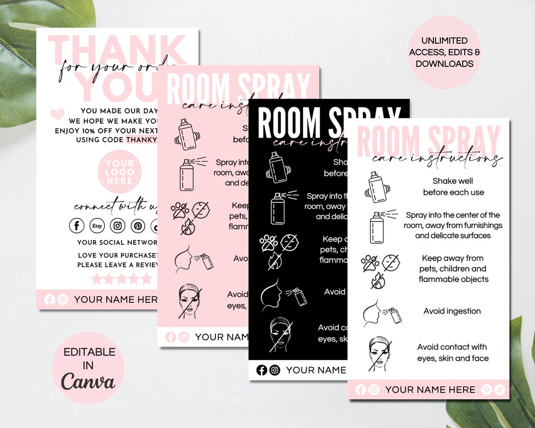 Room Spray Care Card Template, Editable Room Spray Care Instructions ...
