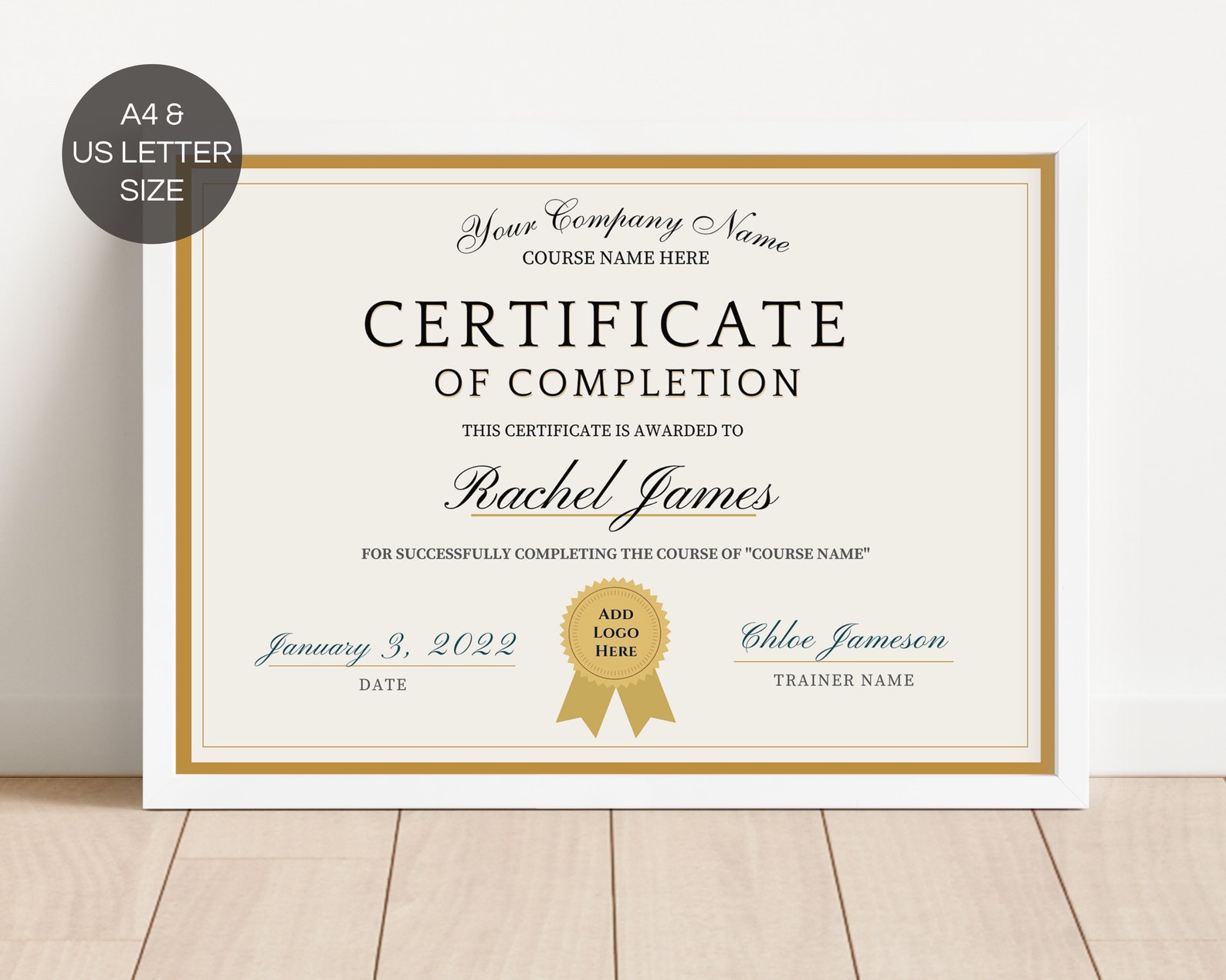 Gold Certificate of Completion Editable Certificate of - Etsy