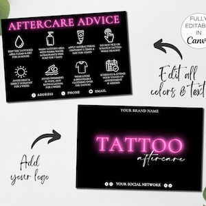 Tattoo Aftercare Card Template, Editable Tattoo Care Card, Printable ...