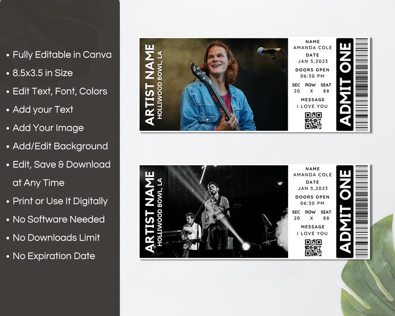 Concert Ticket Template, Printable Event Tickets, Editable Canva ...