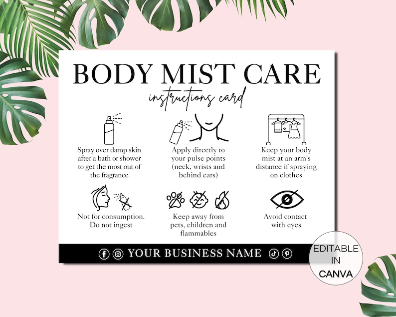 Body Mist Care Card, Printable Body Spray Fragrance Instructions Cards ...