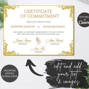 Commitment Certificate Template, Editable Certificate of Commitment, Printable Commitment ...