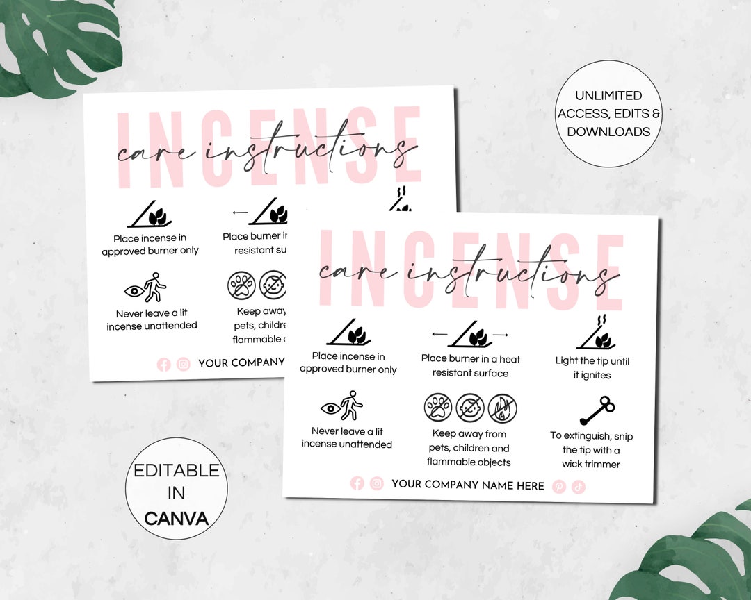Incense Care Card Template, Editable Incense Care Instructions Card ...