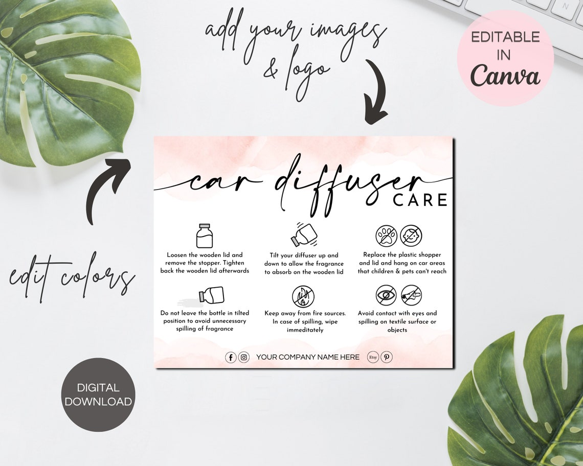 Car Diffuser Care Card, Printable Oil Diffuser Instructions Cards ...