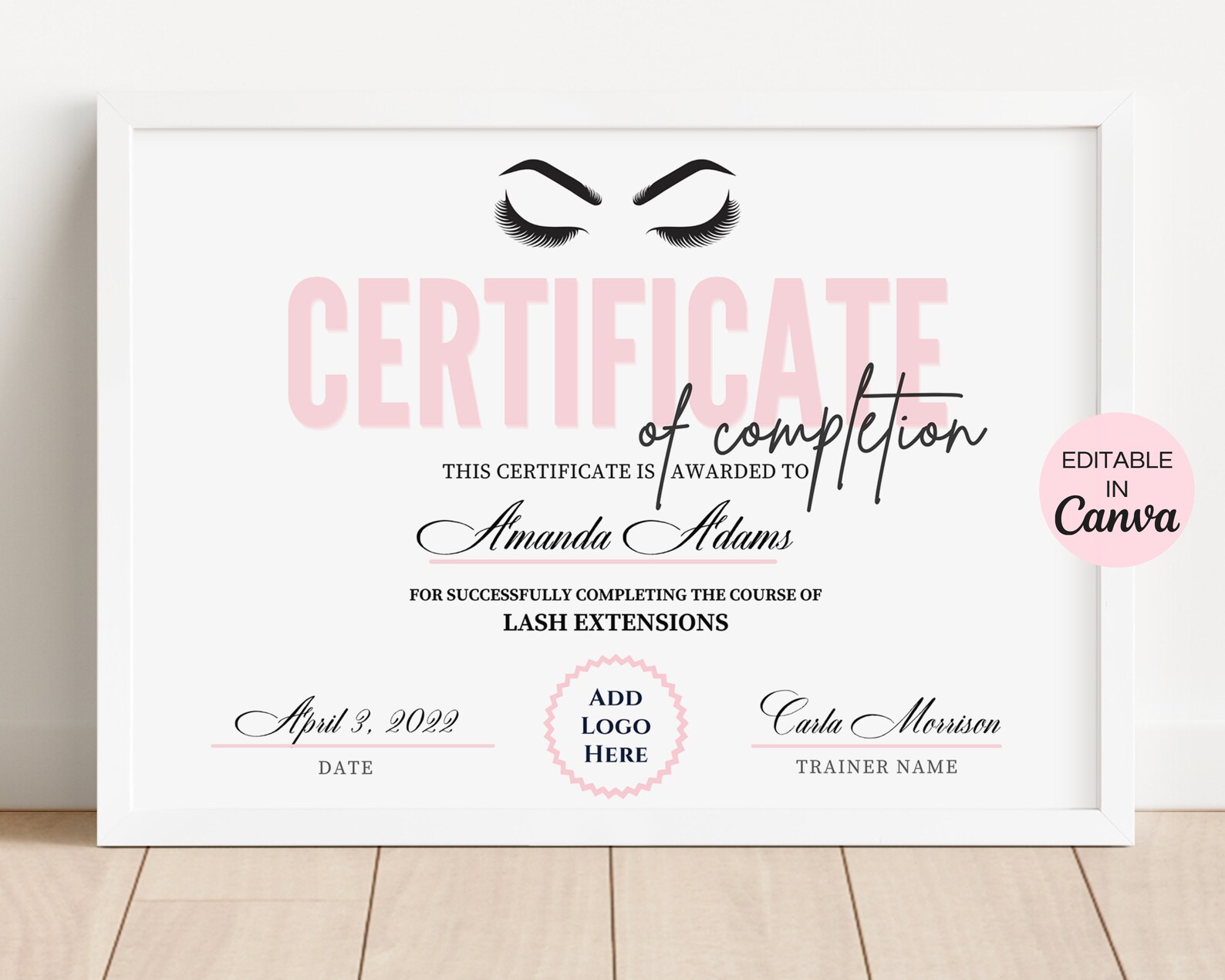 Lash Certificate of Completion Template, Editable Eyelash Certificate ...