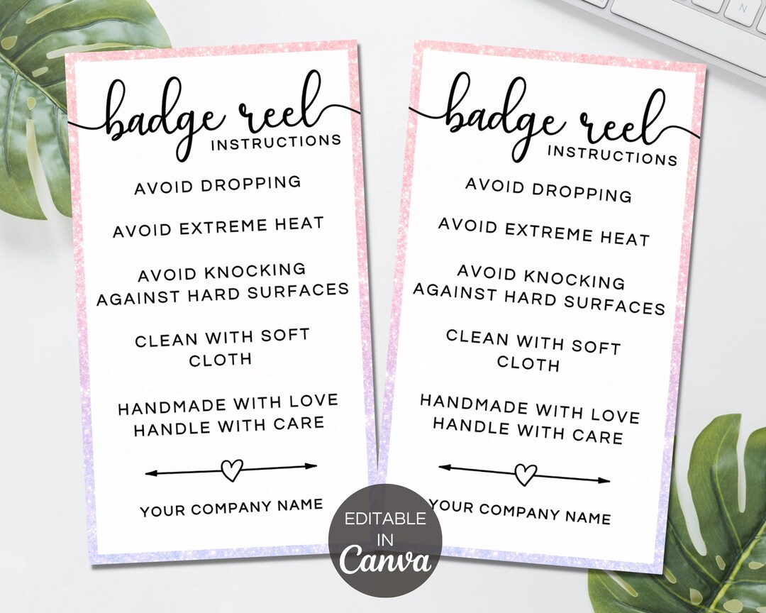 Editable Badge Reel Care Card Template, Printable Badge Reels Care ...
