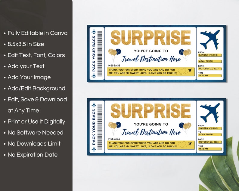 Surprise Boarding Pass Template, Editable Fake Plane Ticket, Vacation ...