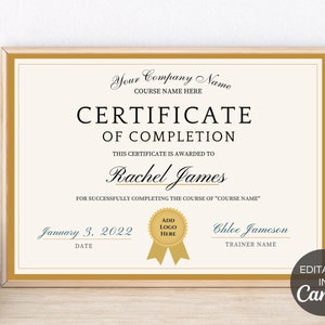 Gold Certificate of Completion, Editable Certificate of Achievement ...