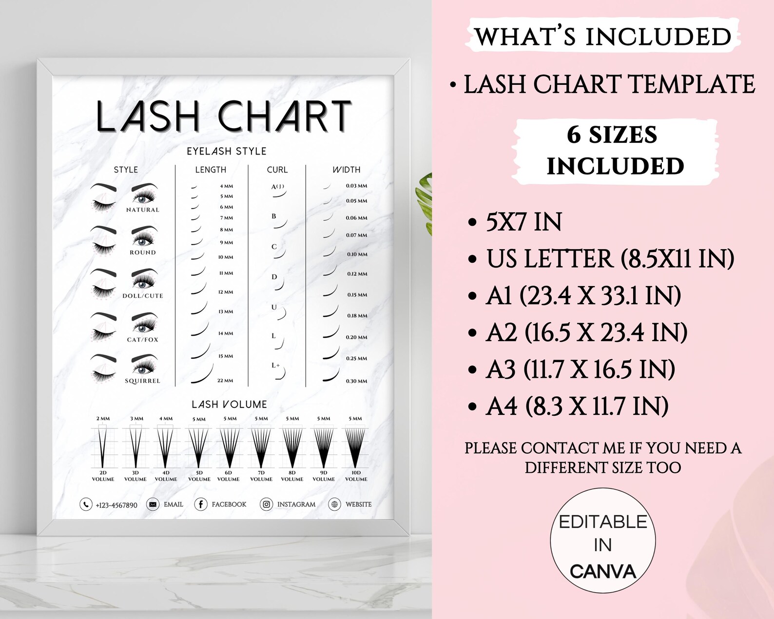 Lash Chart Guide Poster, Editable Esthetician Beauty Salon Eyelash ...
