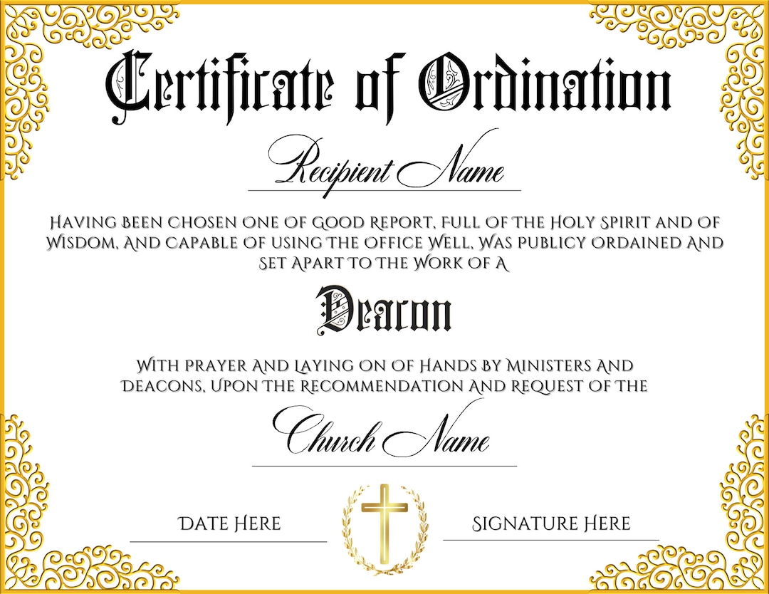 Deacon Ordination Certificate Template, Editable Certificate of ...