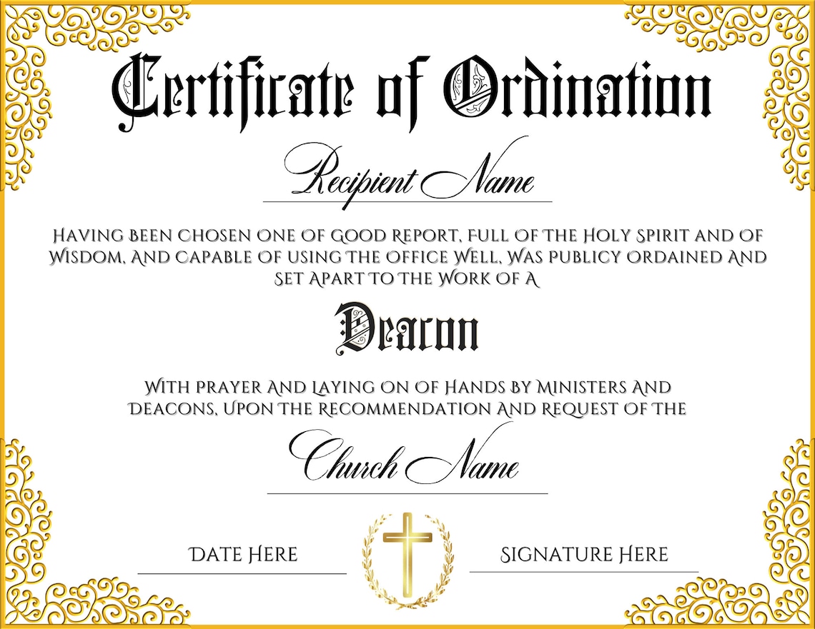 Deacon Ordination Certificate Template, Editable Certificate of ...