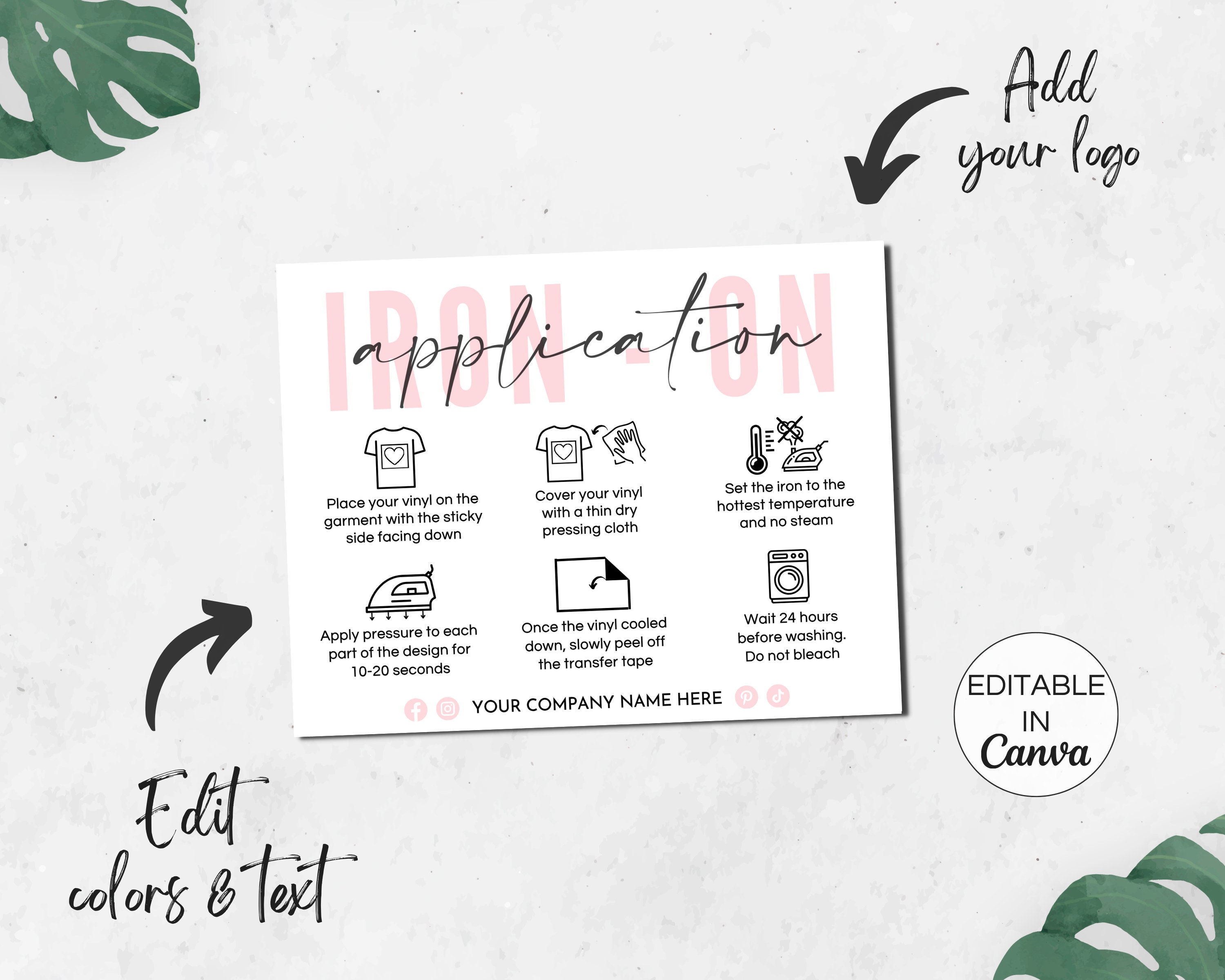 Iron-on Instructions Card, Printable Heat Transfer Vinyl Care Cards ...