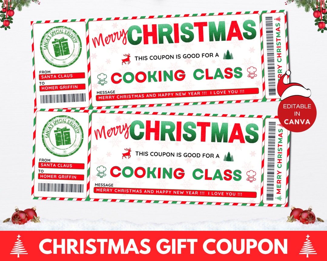 Christmas Cooking Class Coupon Canva Template, Editable Christmas Gift ...