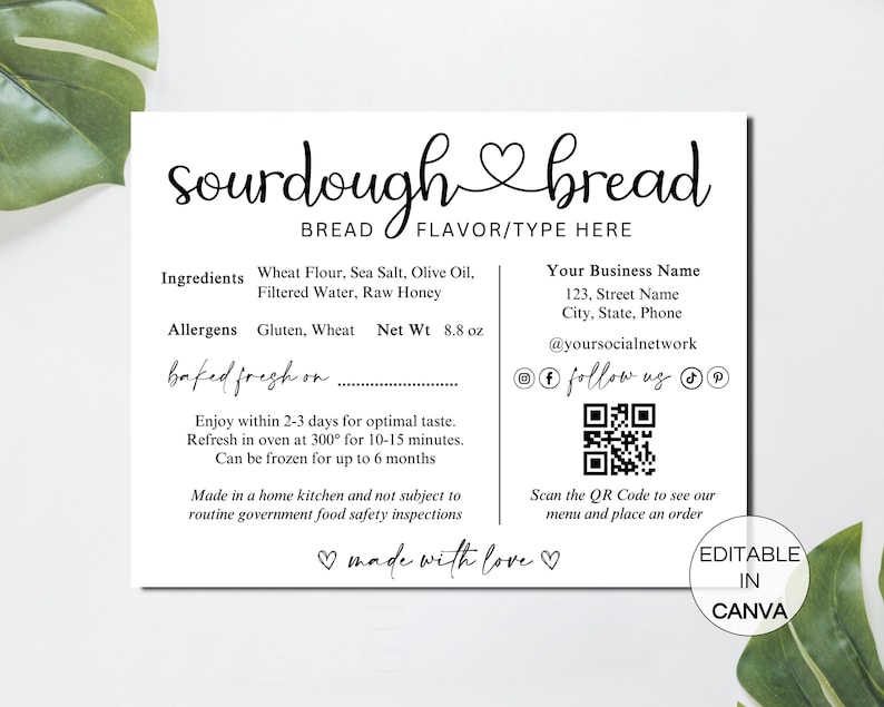 Sourdough Label Template With QR Code, Editable Sourdough Bread Care ...