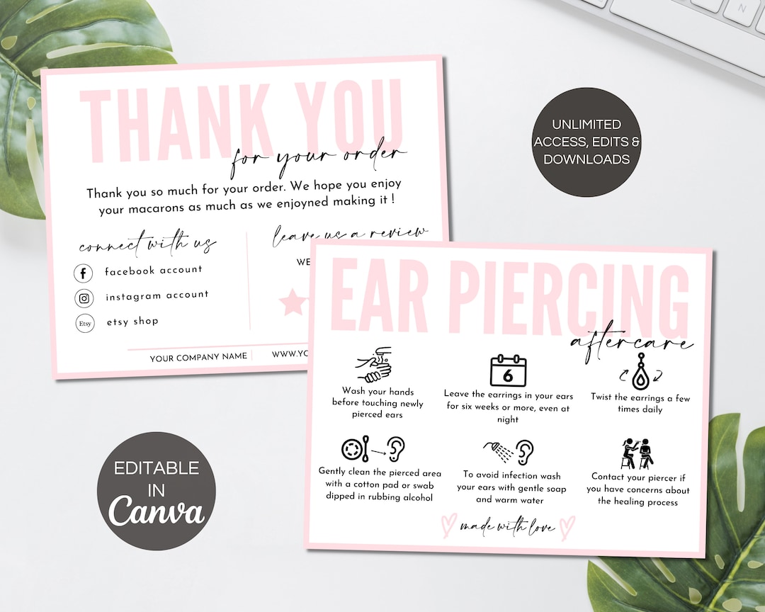 Ear Piercing Aftercare Template, Editable Piercing Guide Card, Piercing ...