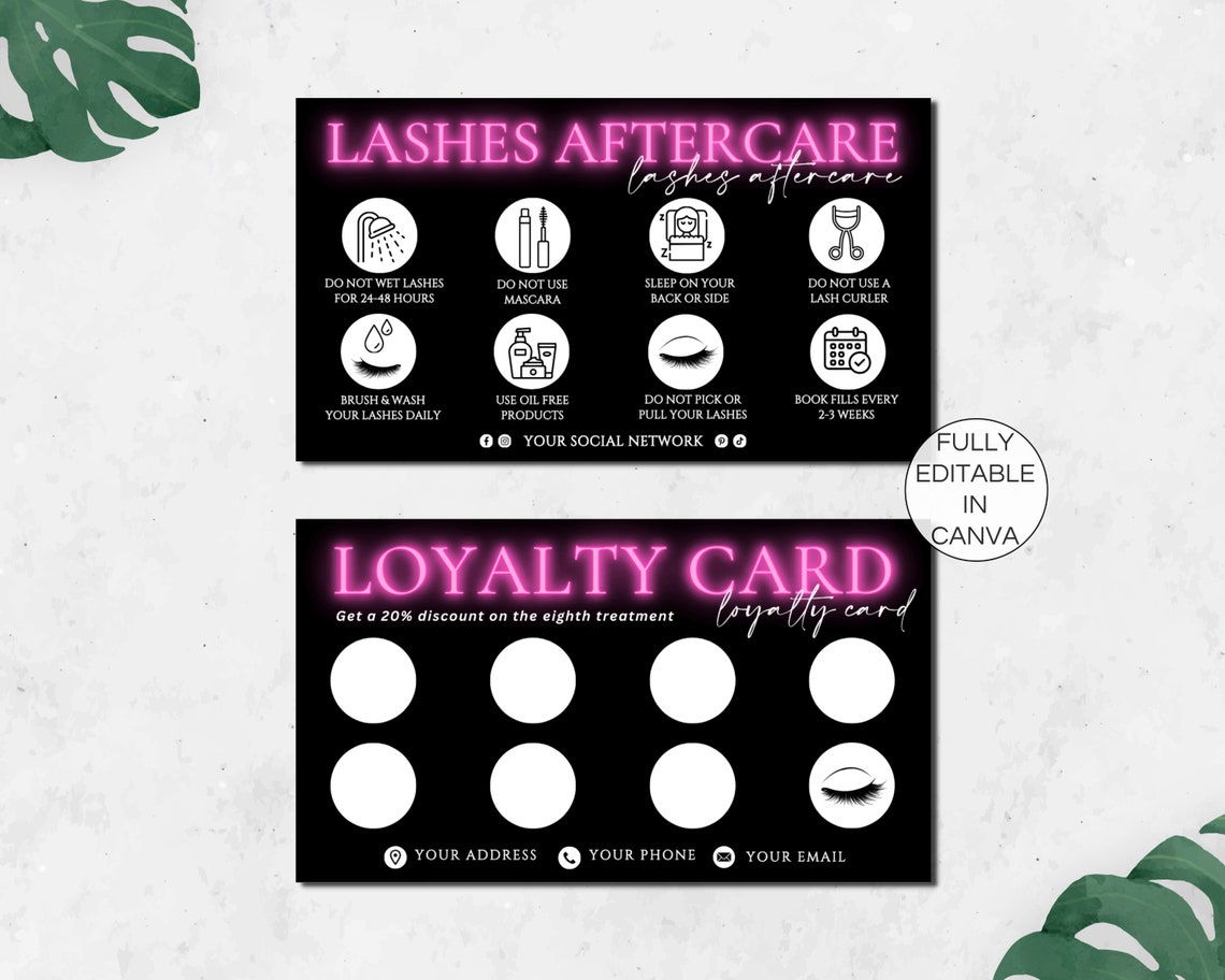Lash Loyalty Cards, Editable Lash Aftercare Card Template, Printable ...