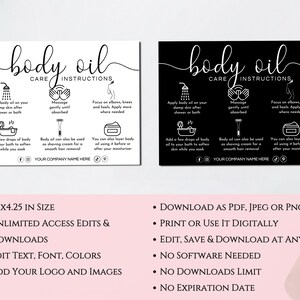 Body Oil Care Card Template, Editable Dry Oil Application Instructions ...