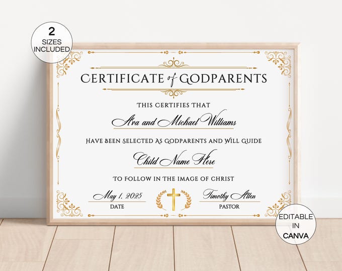 Editable Godparents Certificate Template, Godmother Godfather Printable ...