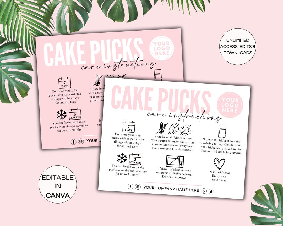 Cake Pucks Care Card Canva Template, Editable Cake Treats Care ...