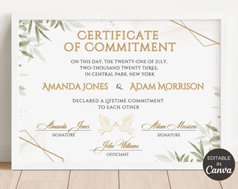Commitment Certificate Template, Printable Certificate of Commitment, Editable Commitment ...