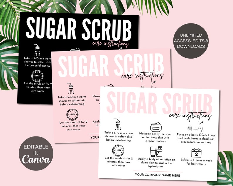Sugar Scrub Care Card Template, Editable Body Scrub Care Guide ...