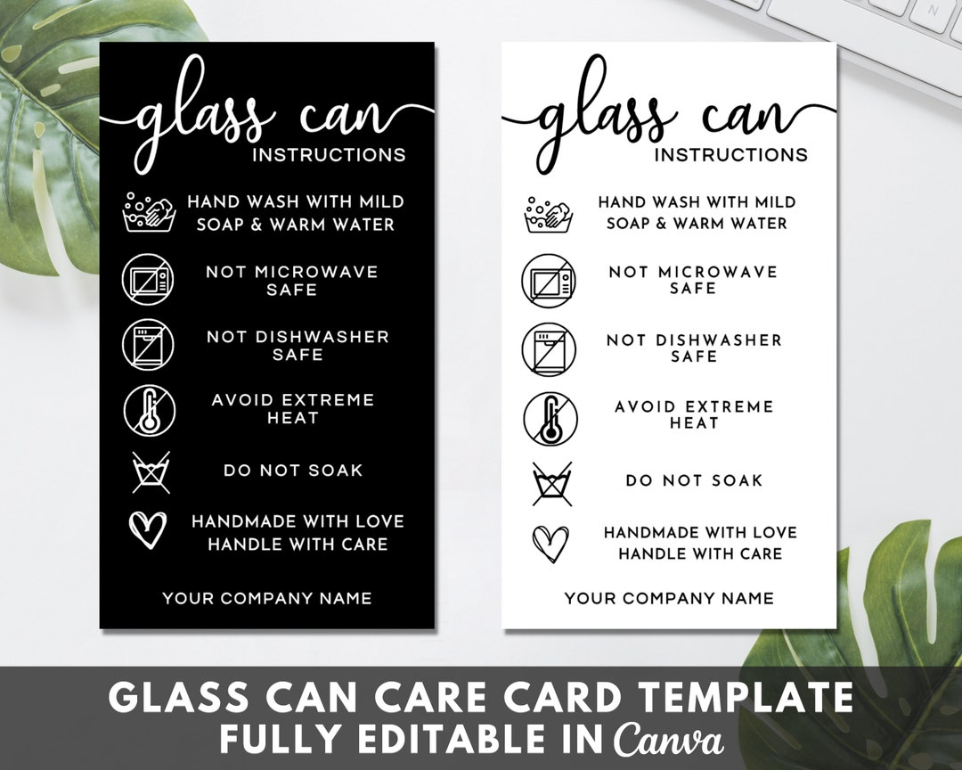 Glass Can Care Card Template, Editable Glass Cup Care Instructions ...