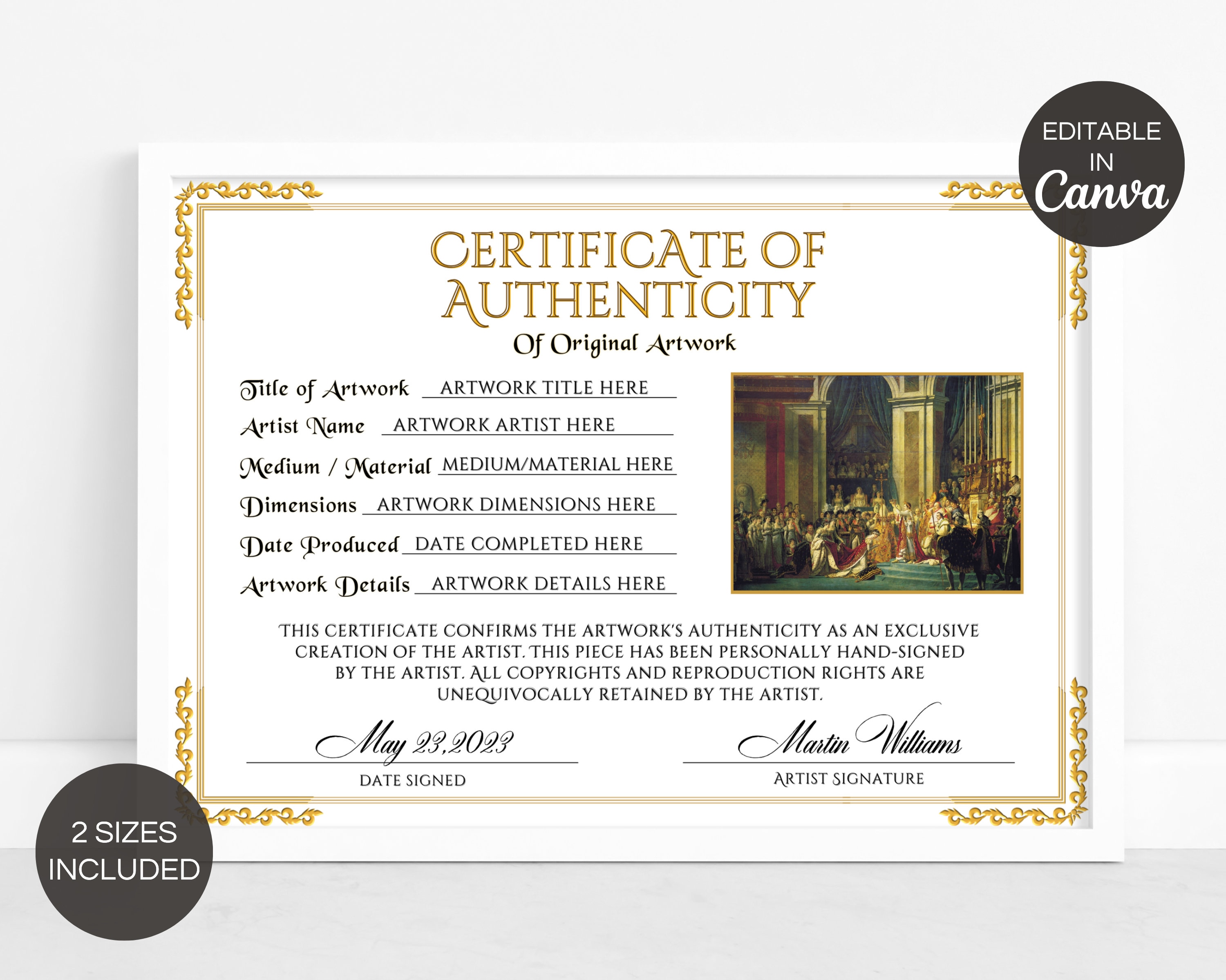 Certificate Of Authenticity Template Art