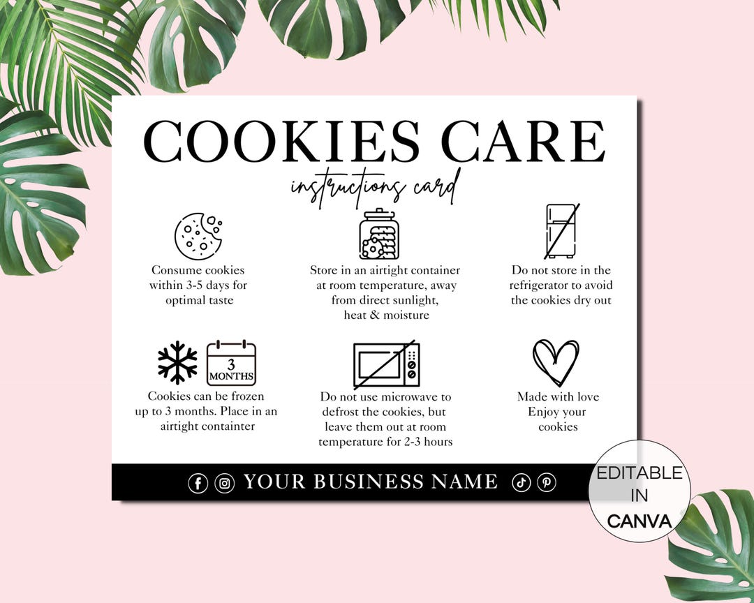 Cookie Care Card Template Canva, Editable Cookie Package Care ...