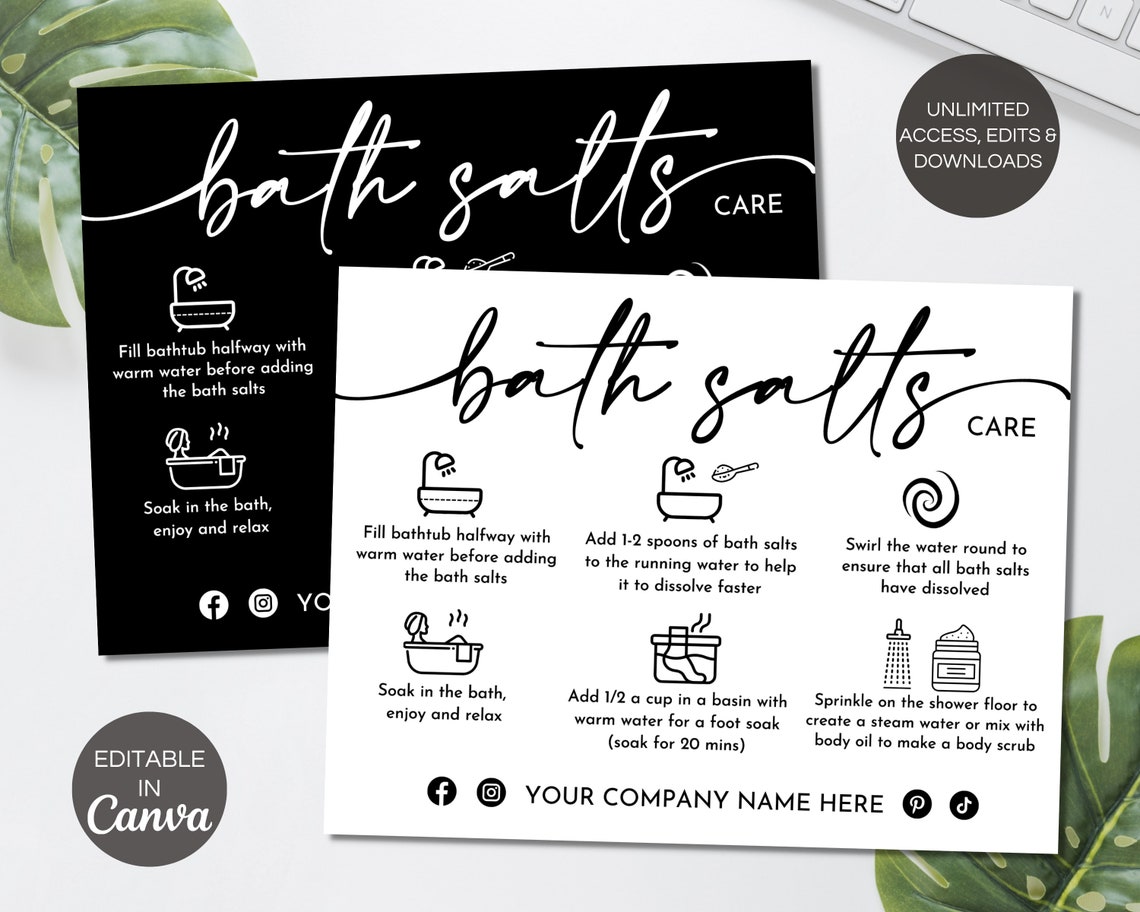 Bath Salts Care Card, Printable Epsom Salts Instructions Cards ...