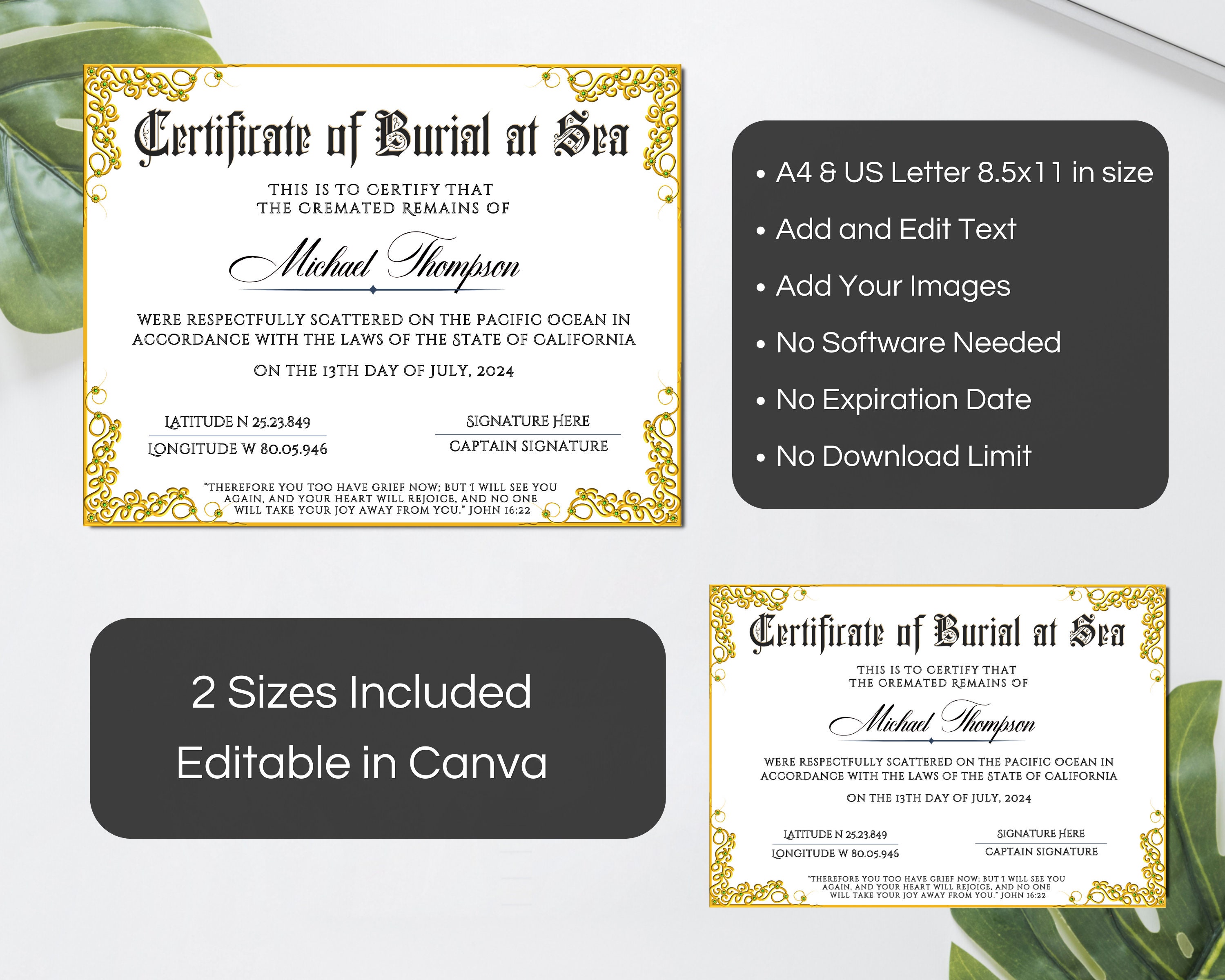 Editable Certificate of Burial at Sea Template, Printable Sea ...