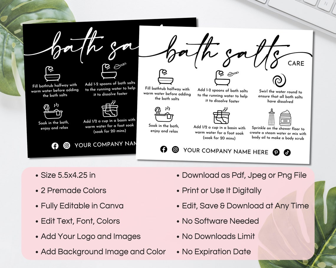 Bath Salts Care Card Template, Printable Epsom Salts Care Guide ...
