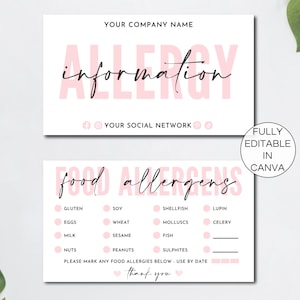 Editable Food Allergens Card Template, Printable Allergen Checklist ...
